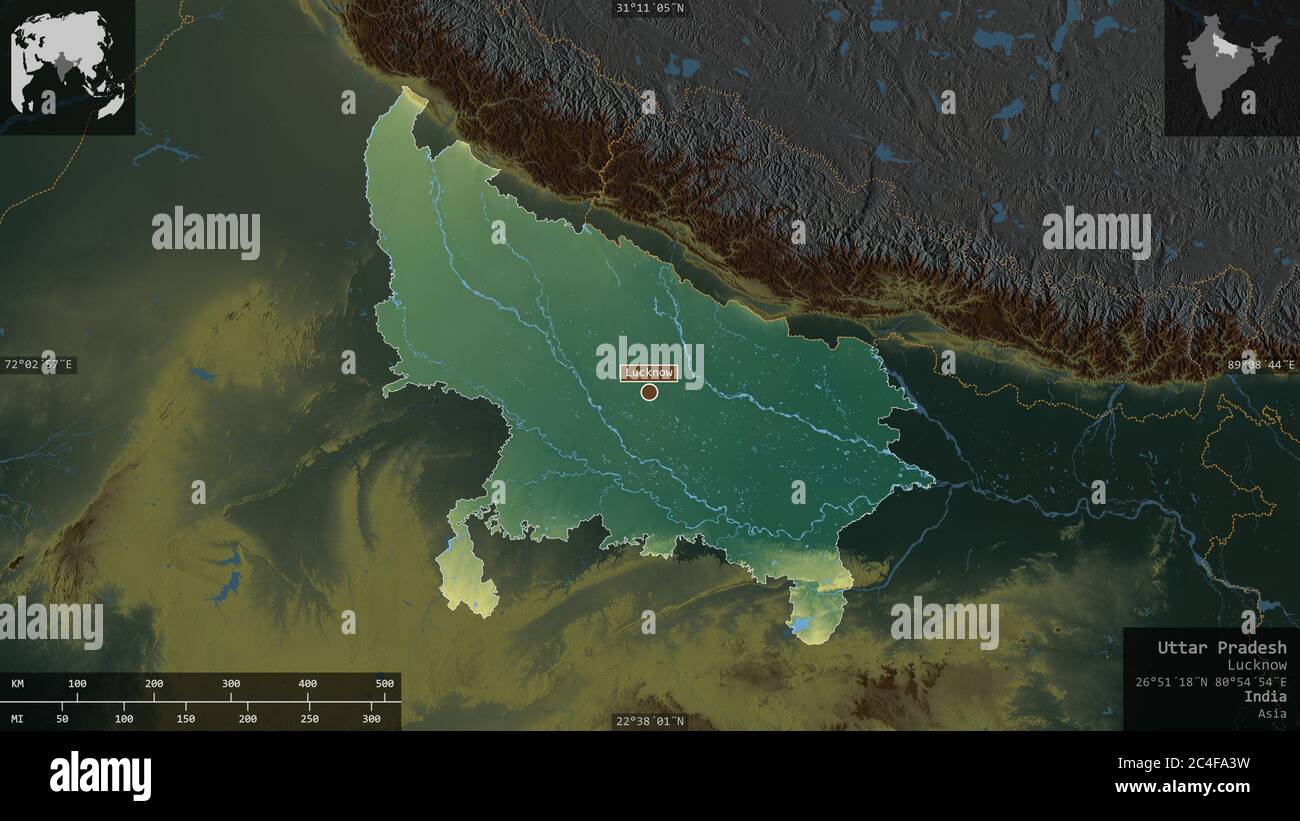 Uttar Pradesh, state of India. Colored relief with lakes and rivers ...