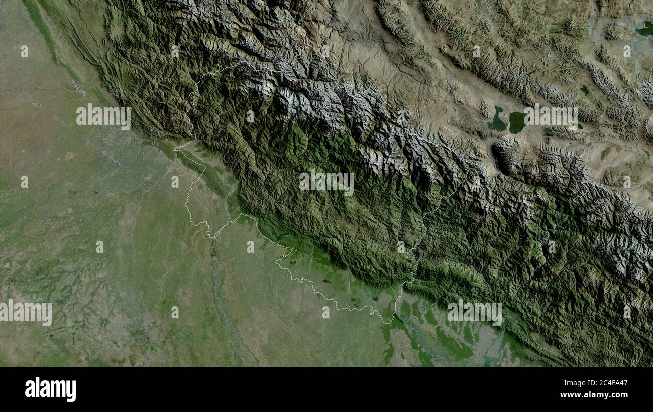 Uttarakhand, state of India. Satellite imagery. Shape outlined against ...