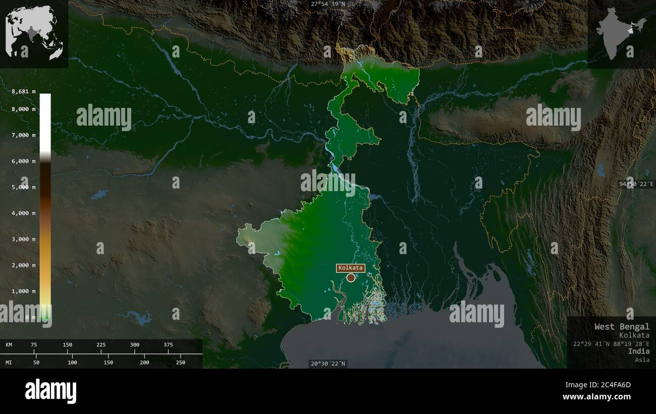 West Bengal, state of India. Colored shader data with lakes and rivers ...