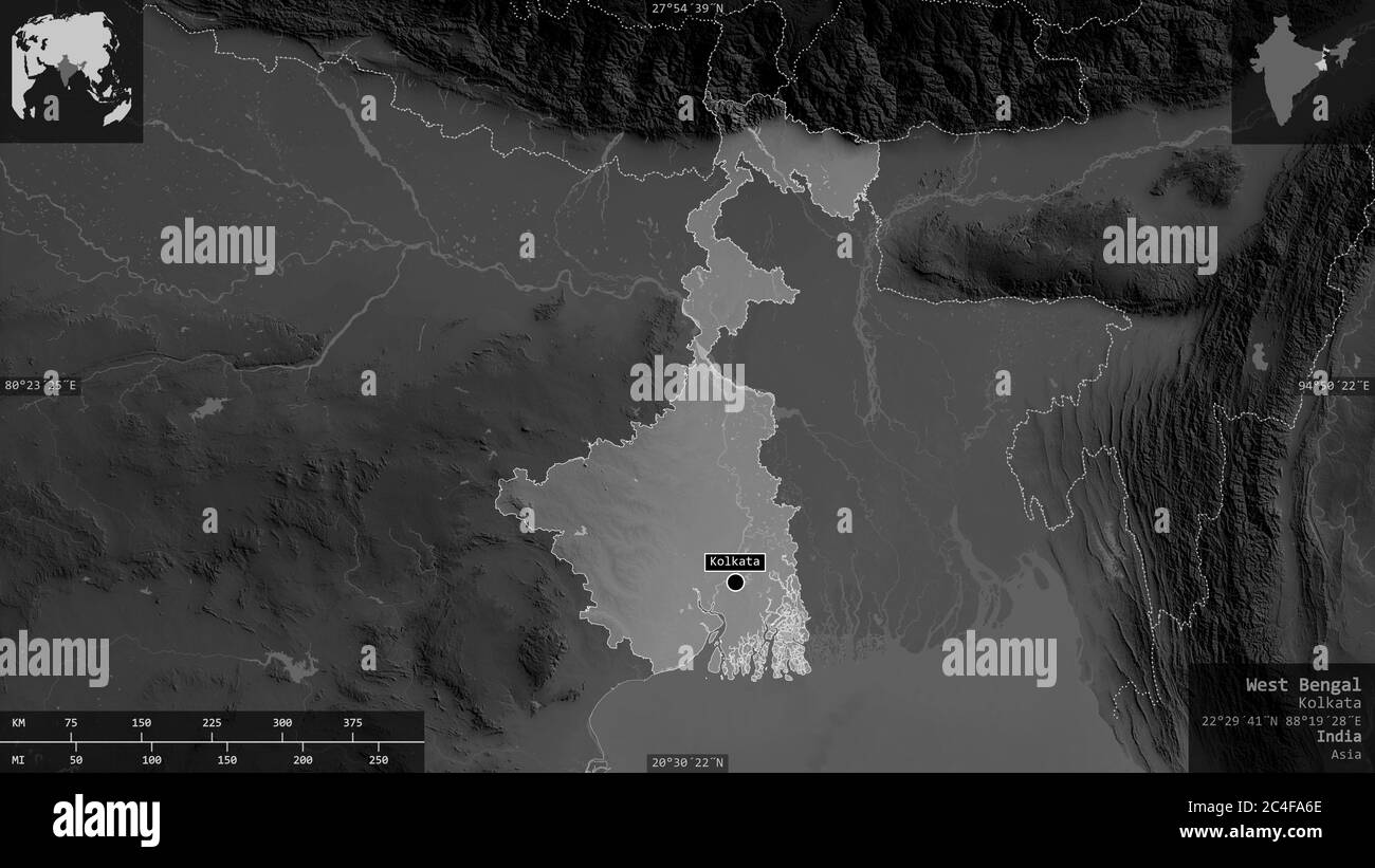 West Bengal, state of India. Grayscaled map with lakes and rivers ...