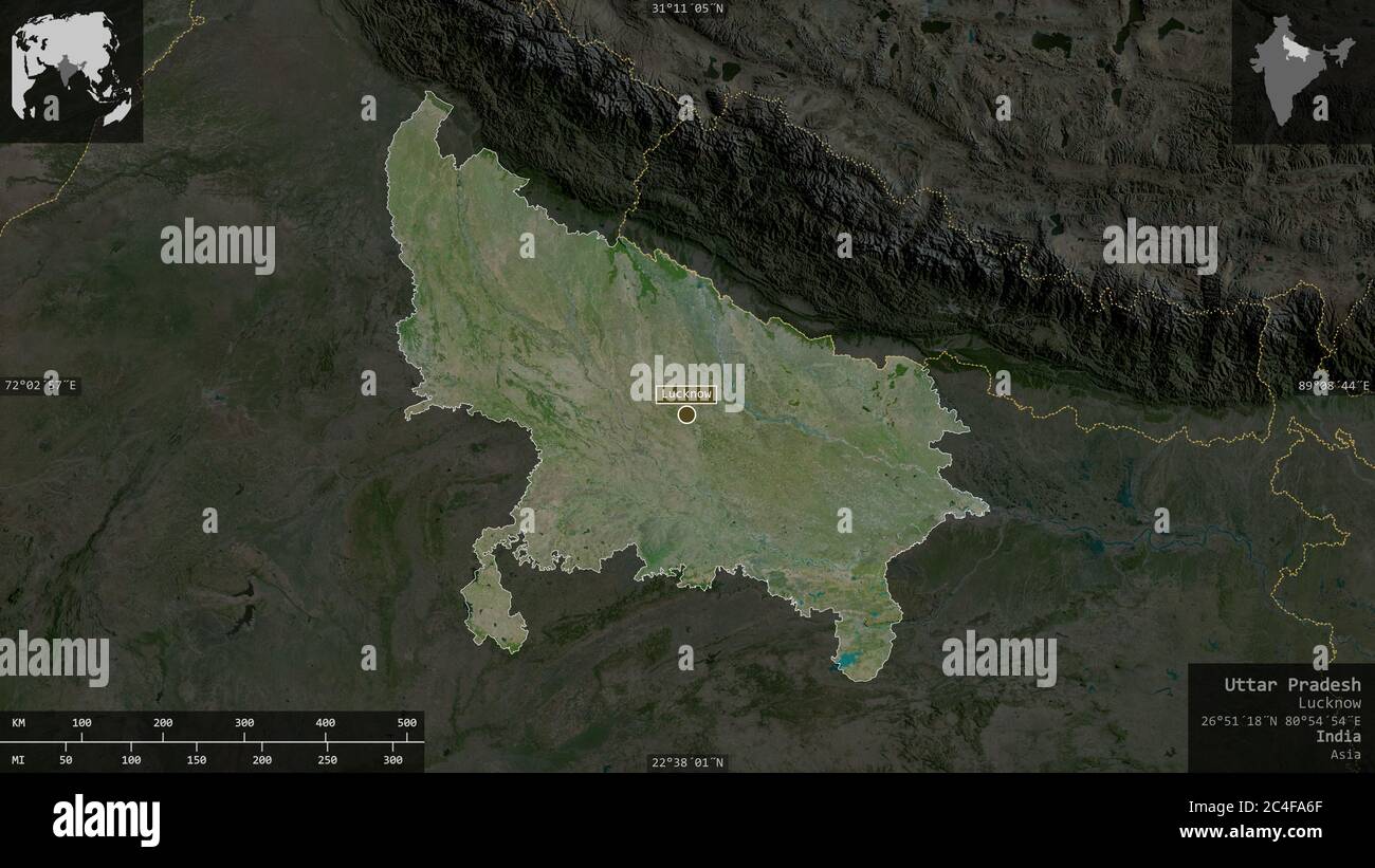 Uttar Pradesh, state of India. Satellite imagery. Shape presented ...