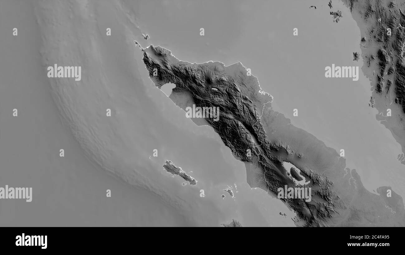 Aceh, autonomous province of Indonesia. Grayscaled map with lakes and ...