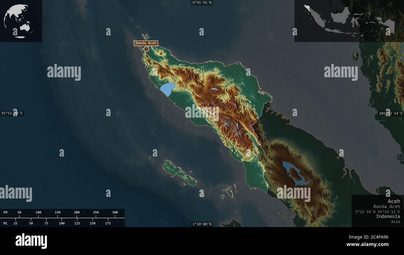 Aceh, autonomous province of Indonesia. Colored relief with lakes and ...