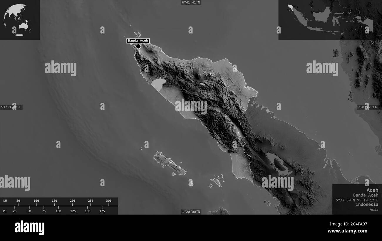 Aceh, autonomous province of Indonesia. Grayscaled map with lakes and ...