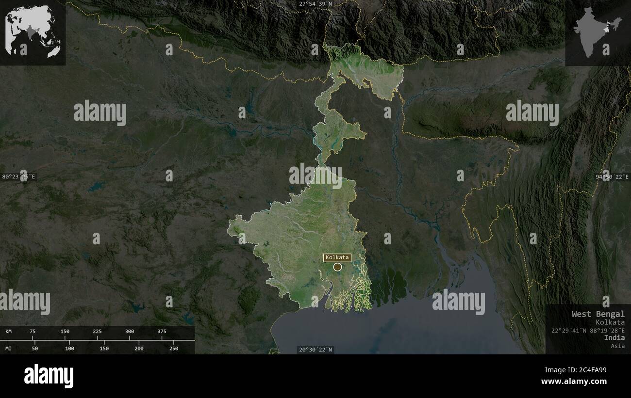 West Bengal, state of India. Satellite imagery. Shape presented against ...