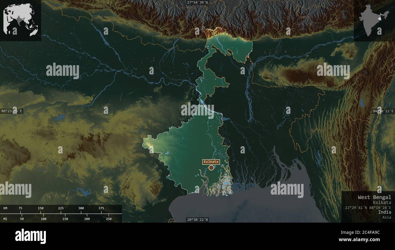 West Bengal, state of India. Colored relief with lakes and rivers ...