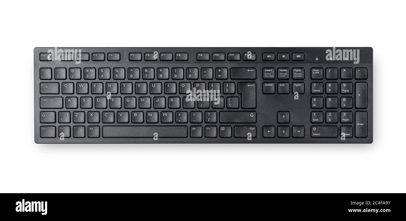 Top view of Full size wireless desktop computer keyboard on white, with ...