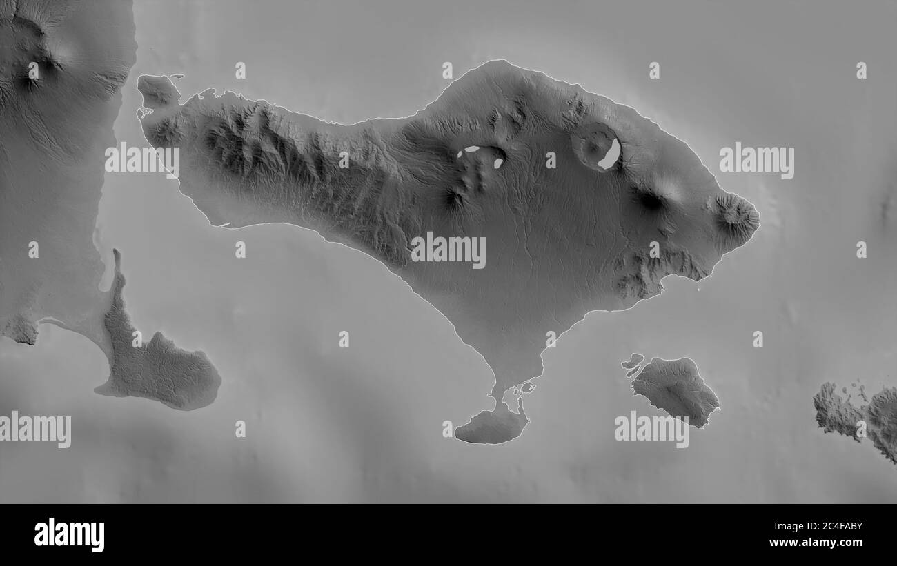 Bali, province of Indonesia. Grayscaled map with lakes and rivers ...