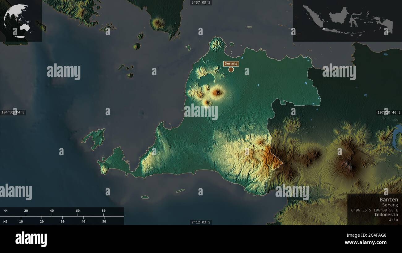 Banten, province of Indonesia. Colored relief with lakes and rivers ...