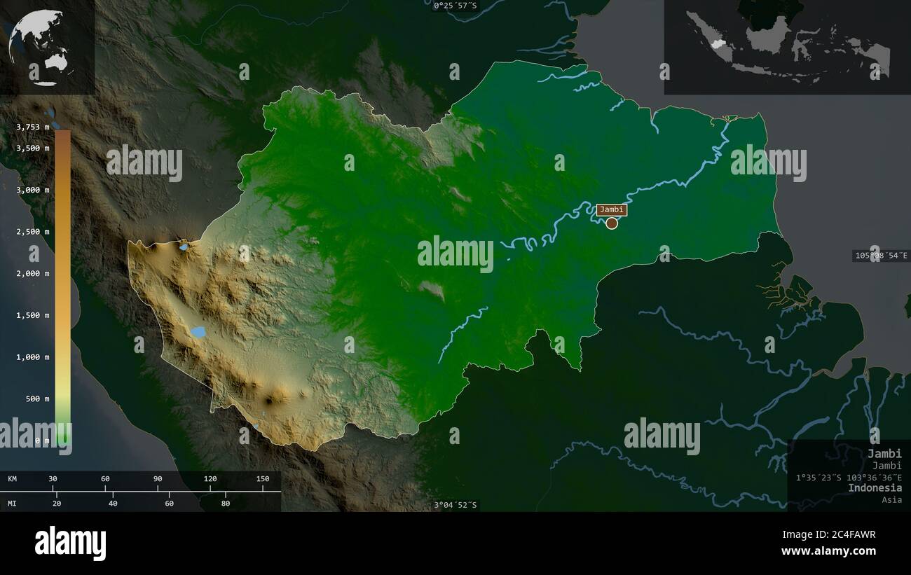 Jambi, province of Indonesia. Colored shader data with lakes and rivers ...