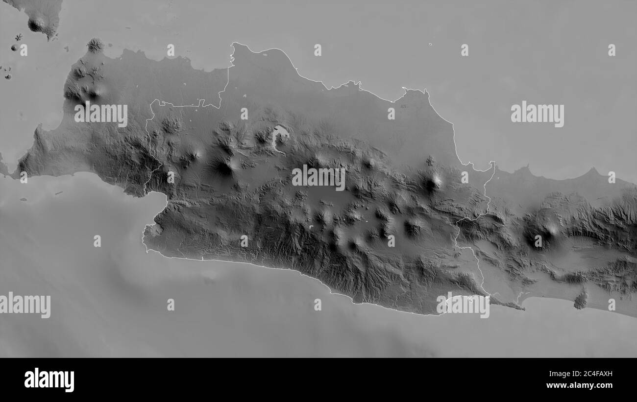 Jawa Barat, province of Indonesia. Grayscaled map with lakes and rivers ...