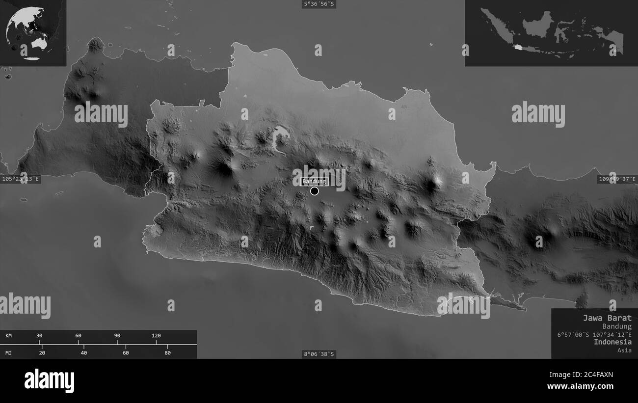 Jawa Barat, province of Indonesia. Grayscaled map with lakes and rivers ...