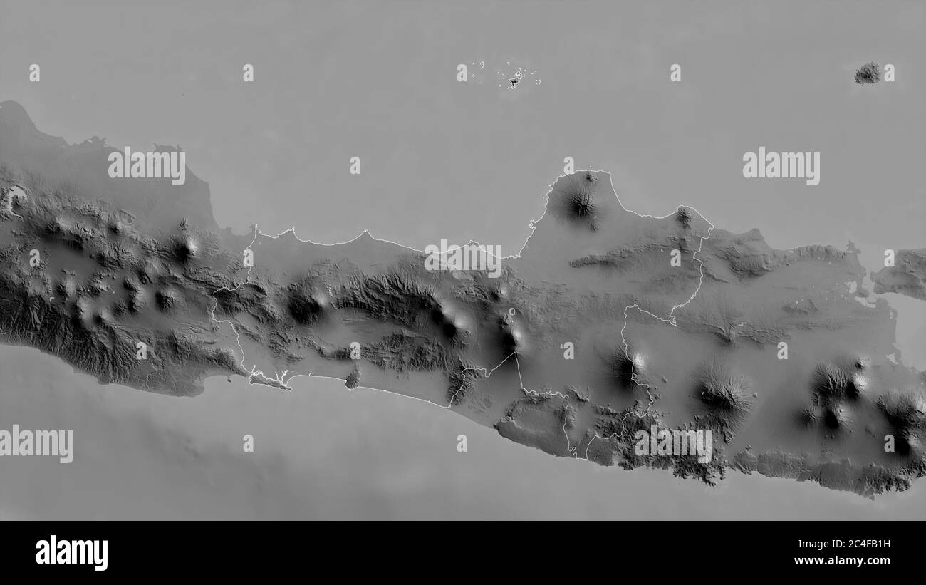 Jawa Tengah, city of Indonesia. Grayscaled map with lakes and rivers ...