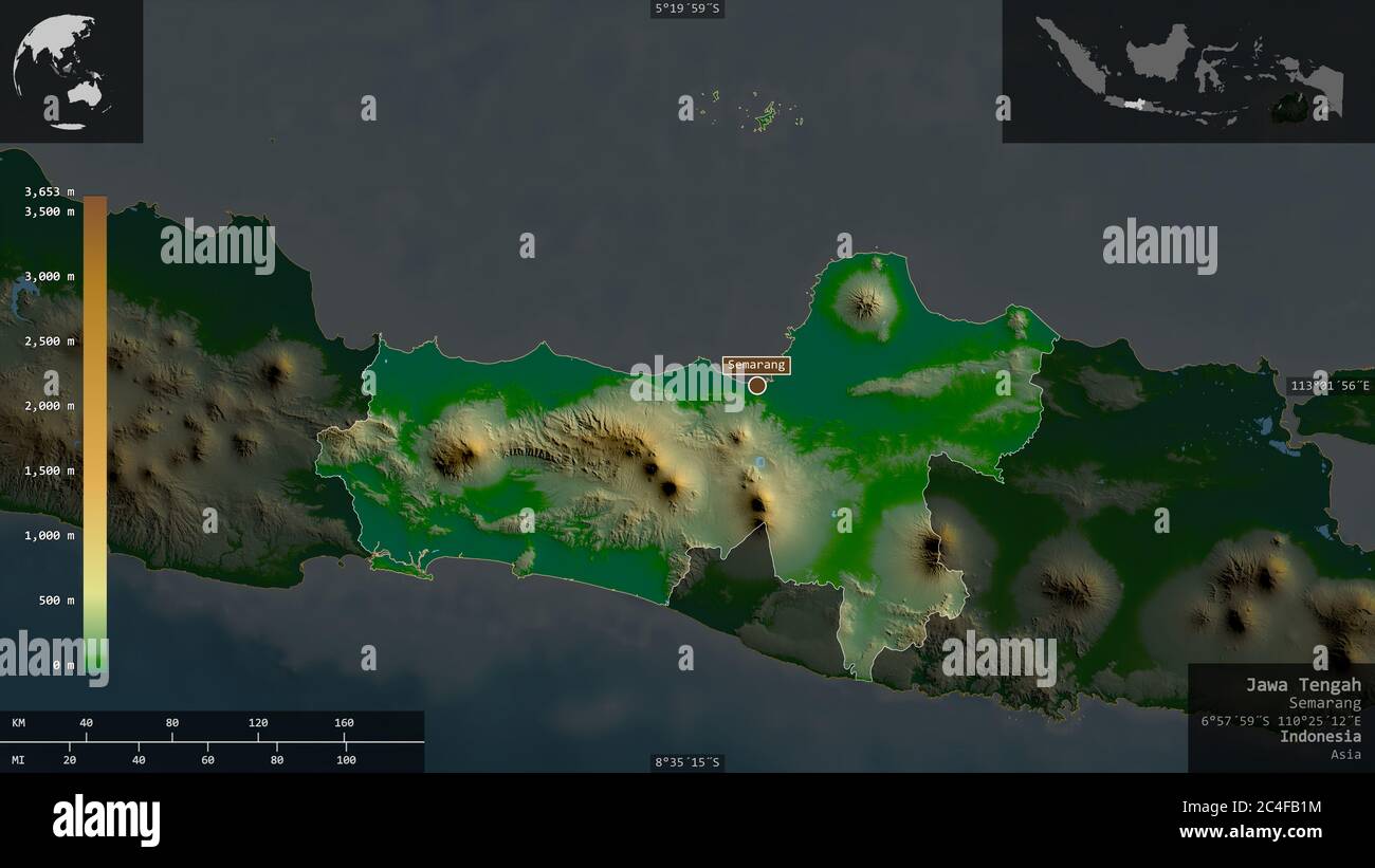Jawa Tengah, city of Indonesia. Colored shader data with lakes and ...
