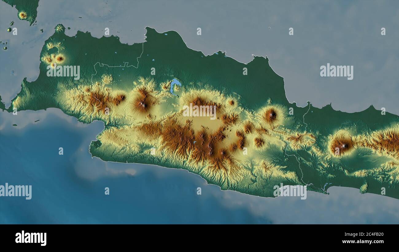 Jawa Barat, province of Indonesia. Colored relief with lakes and rivers ...