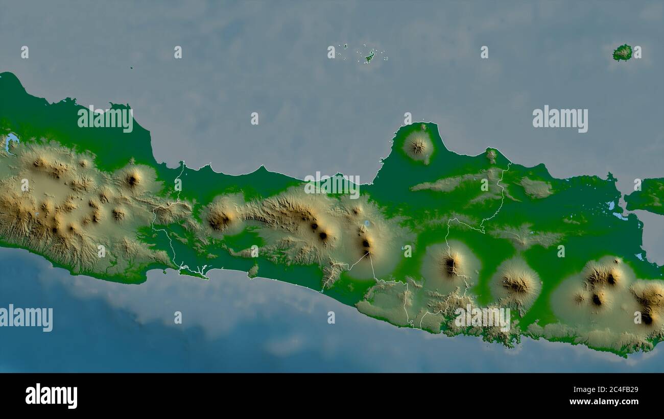 Jawa Tengah, city of Indonesia. Colored shader data with lakes and ...