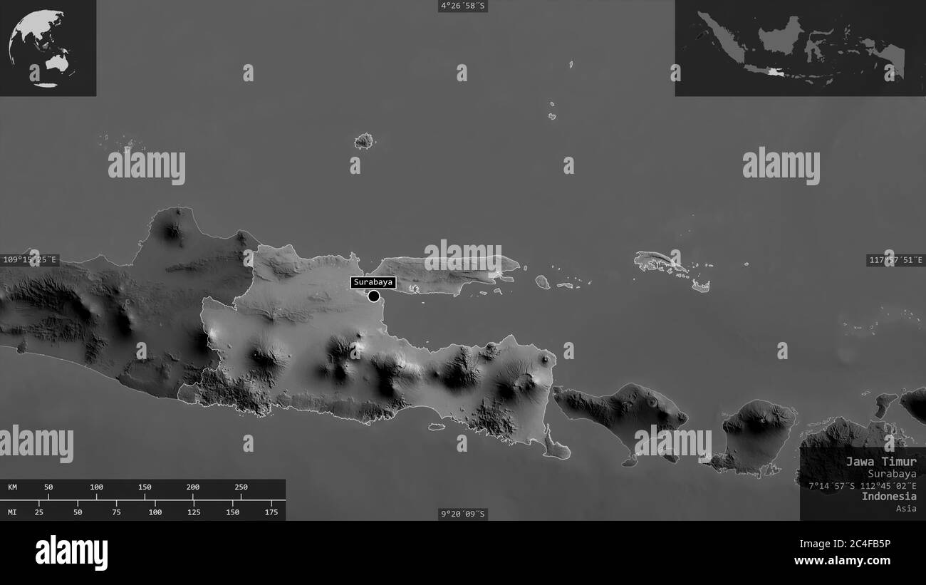 Jawa Timur, province of Indonesia. Grayscaled map with lakes and rivers ...