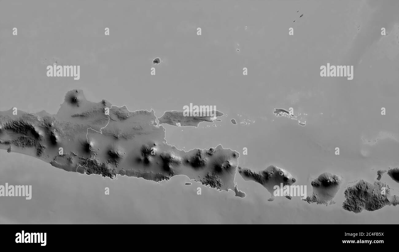 Jawa Timur, province of Indonesia. Grayscaled map with lakes and rivers ...
