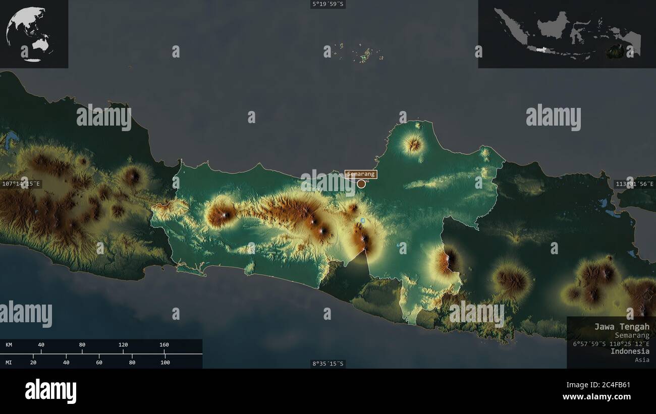 Jawa Tengah, city of Indonesia. Colored relief with lakes and rivers ...