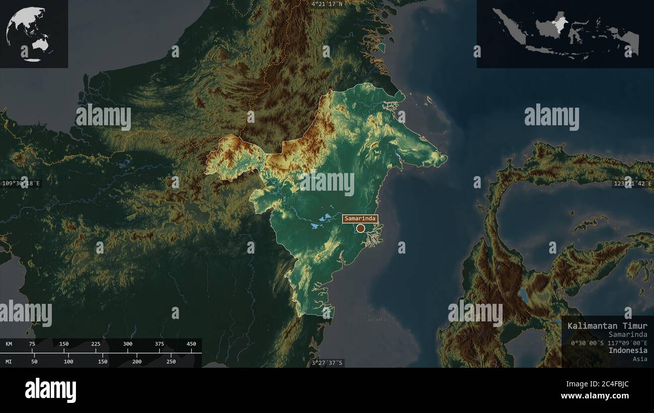 Kalimantan Timur, province of Indonesia. Colored relief with lakes and ...