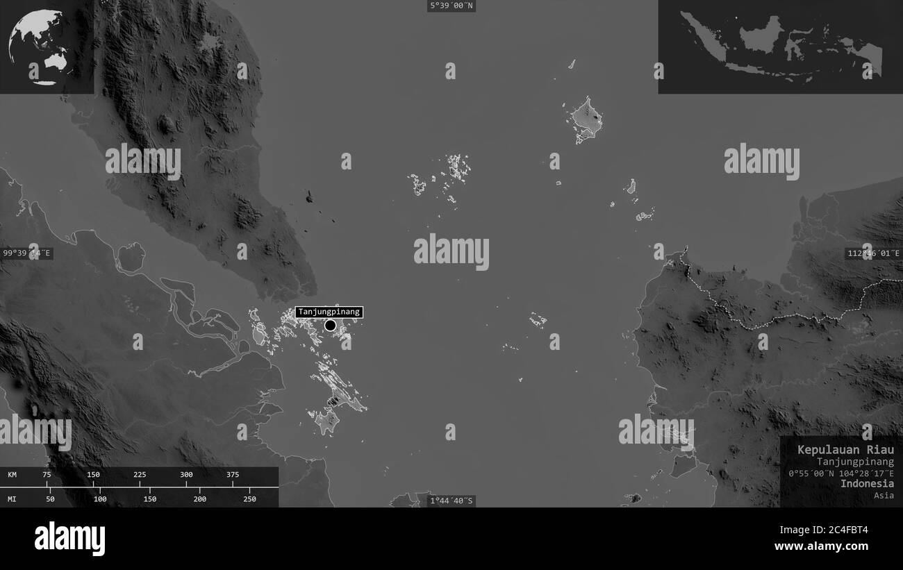 Kepulauan Riau, province of Indonesia. Grayscaled map with lakes and ...
