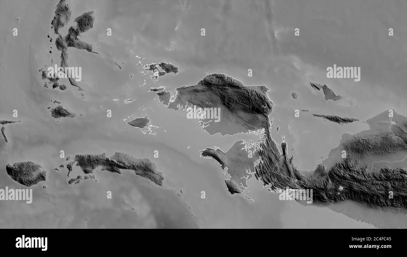 Papua Barat, province of Indonesia. Grayscaled map with lakes and ...