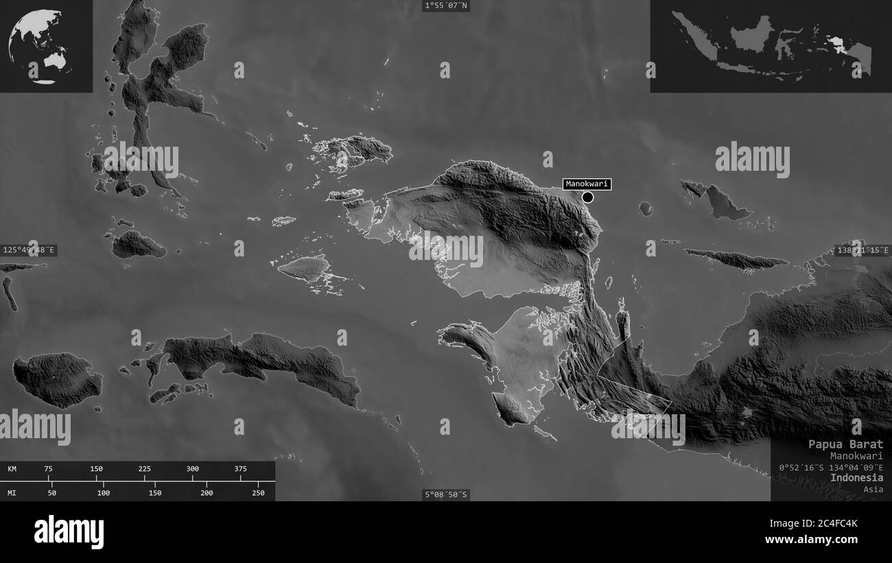 Papua Barat, province of Indonesia. Grayscaled map with lakes and ...