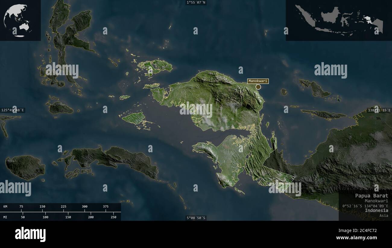 Papua Barat, province of Indonesia. Satellite imagery. Shape presented ...