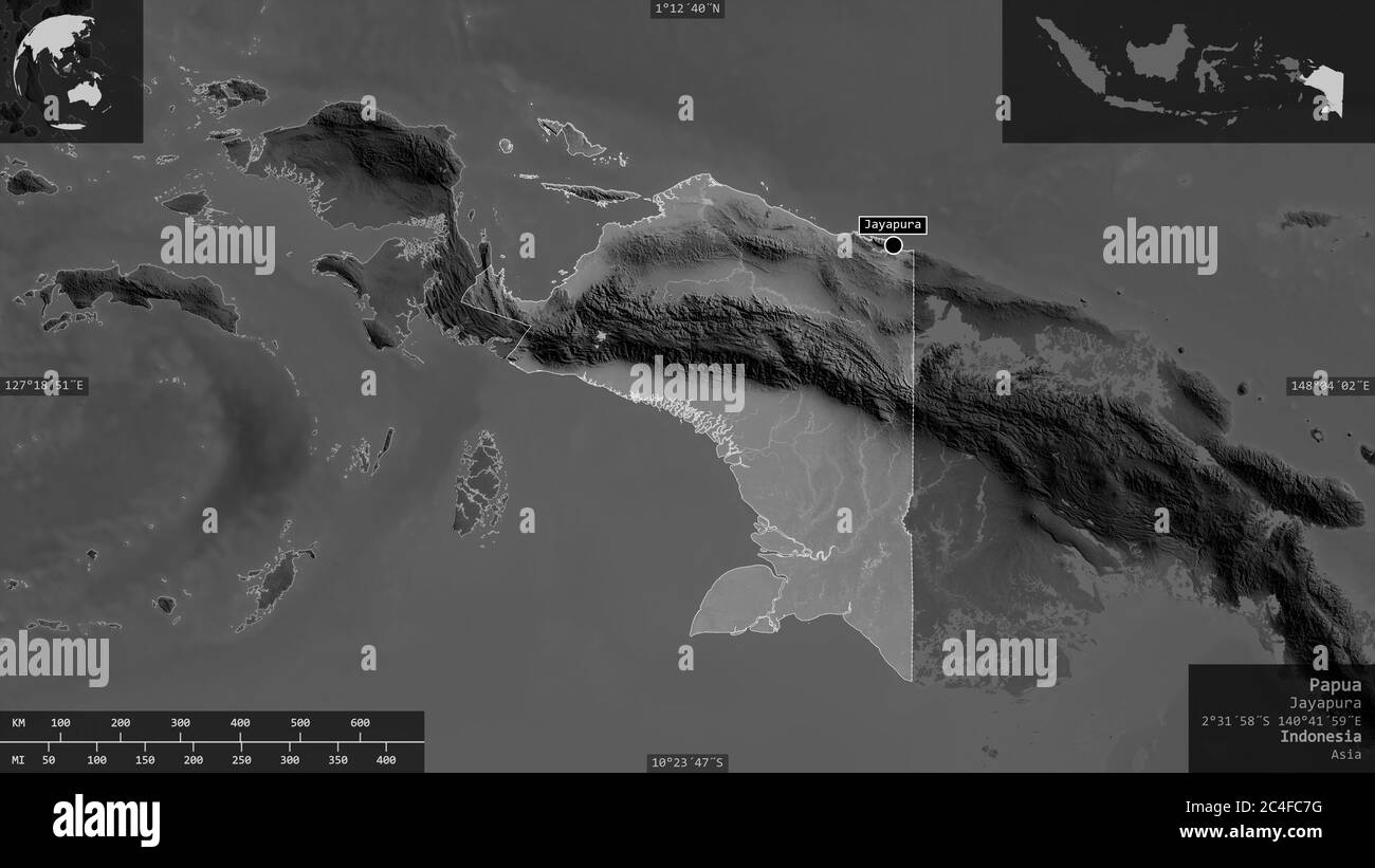 Papua, province of Indonesia. Grayscaled map with lakes and rivers ...