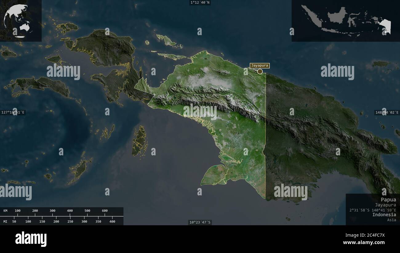 Papua, province of Indonesia. Satellite imagery. Shape presented ...