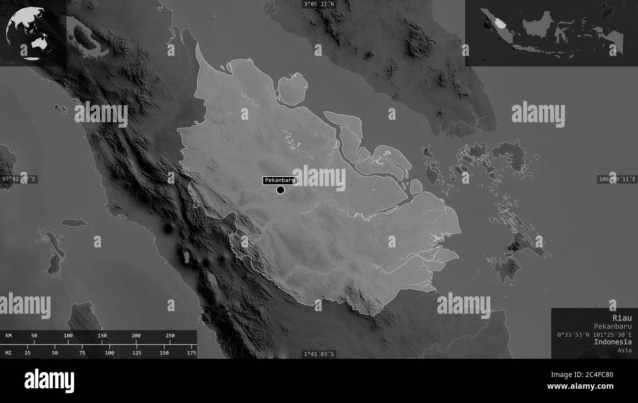 Riau, province of Indonesia. Grayscaled map with lakes and rivers ...