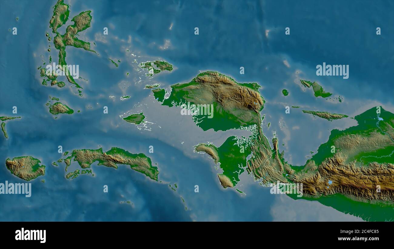 Papua Barat, province of Indonesia. Colored shader data with lakes and ...