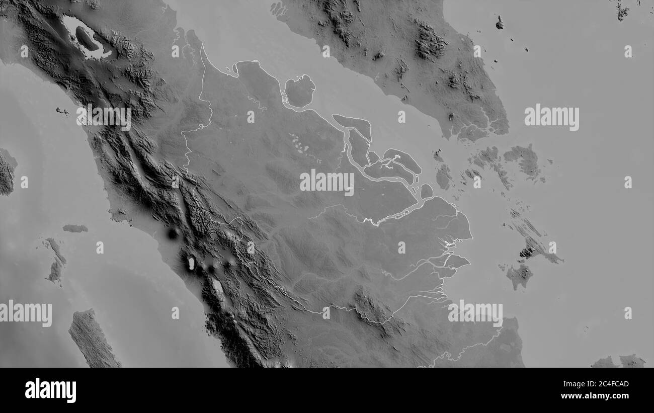 Riau, province of Indonesia. Grayscaled map with lakes and rivers ...
