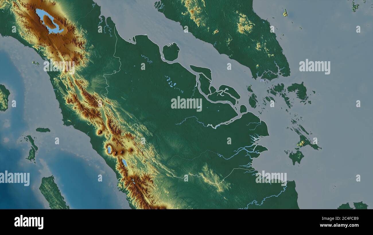 Riau, province of Indonesia. Colored relief with lakes and rivers ...