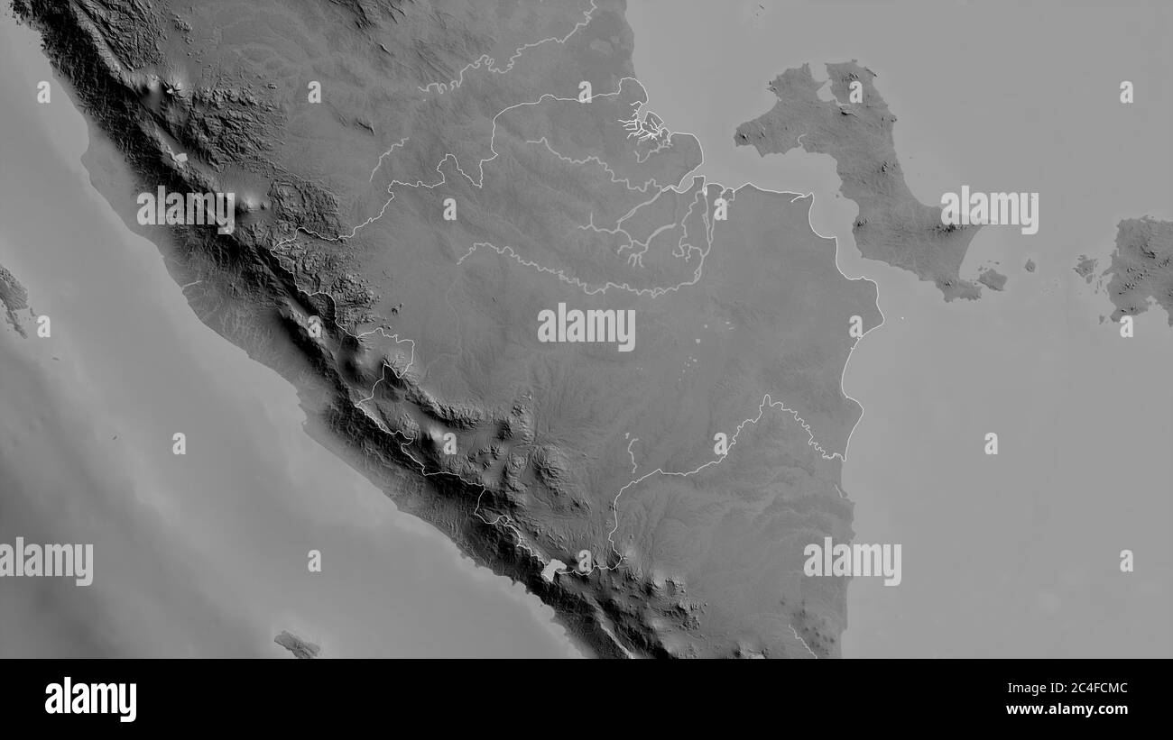 Sumatera Selatan, province of Indonesia. Grayscaled map with lakes and ...