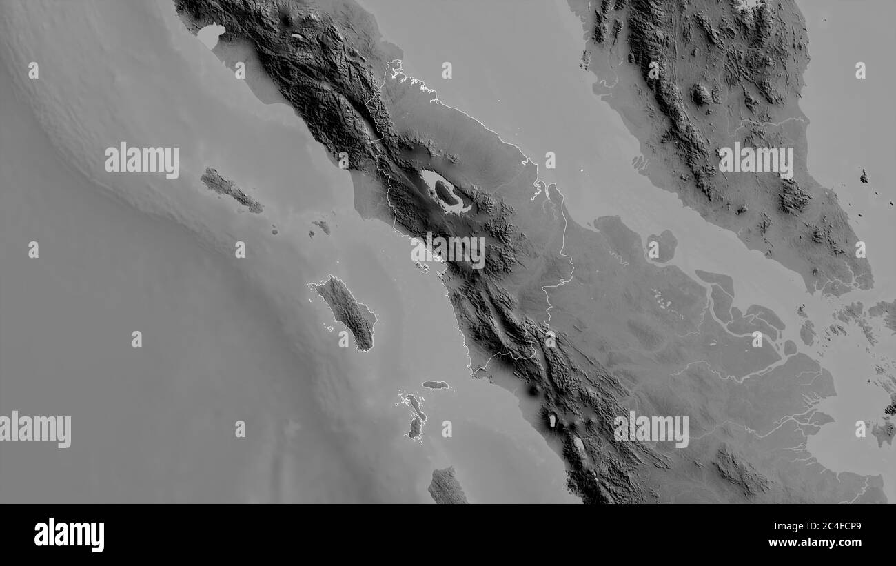 Sumatera Utara, province of Indonesia. Grayscaled map with lakes and ...