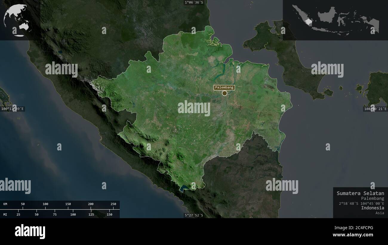 Sumatera Selatan, province of Indonesia. Satellite imagery. Shape ...
