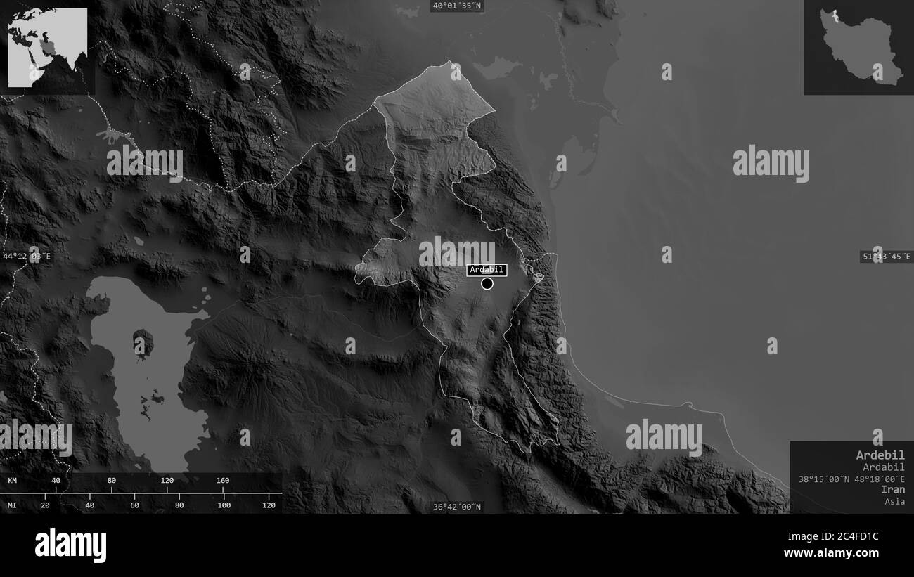 Ardebil, province of Iran. Grayscaled map with lakes and rivers. Shape ...