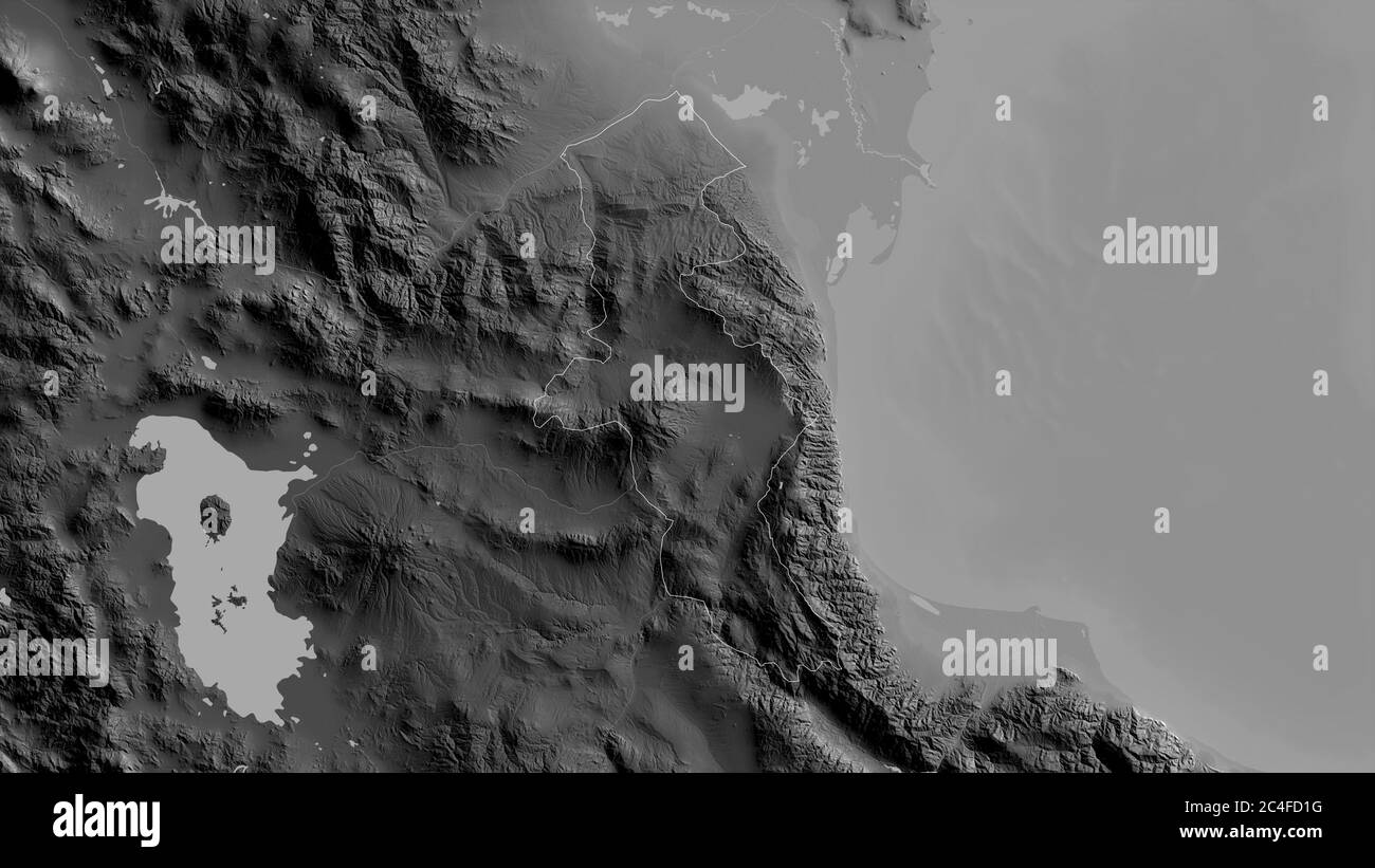 Ardebil, province of Iran. Grayscaled map with lakes and rivers. Shape ...