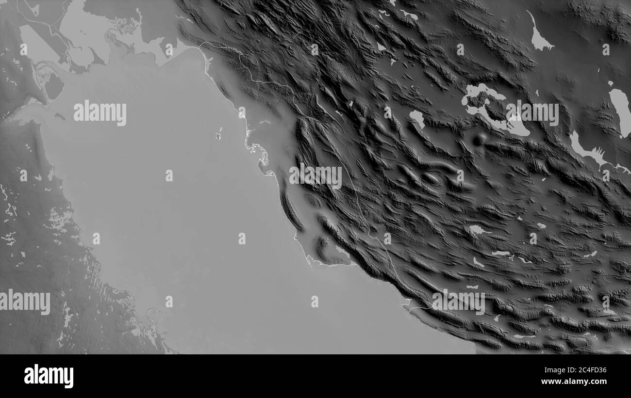 Bushehr, province of Iran. Grayscaled map with lakes and rivers. Shape ...