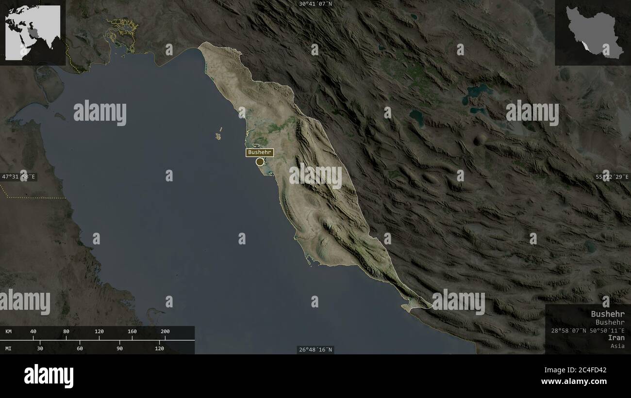 Bushehr, province of Iran. Satellite imagery. Shape presented against ...