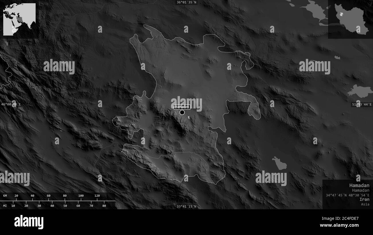 Hamadan, province of Iran. Grayscaled map with lakes and rivers. Shape ...