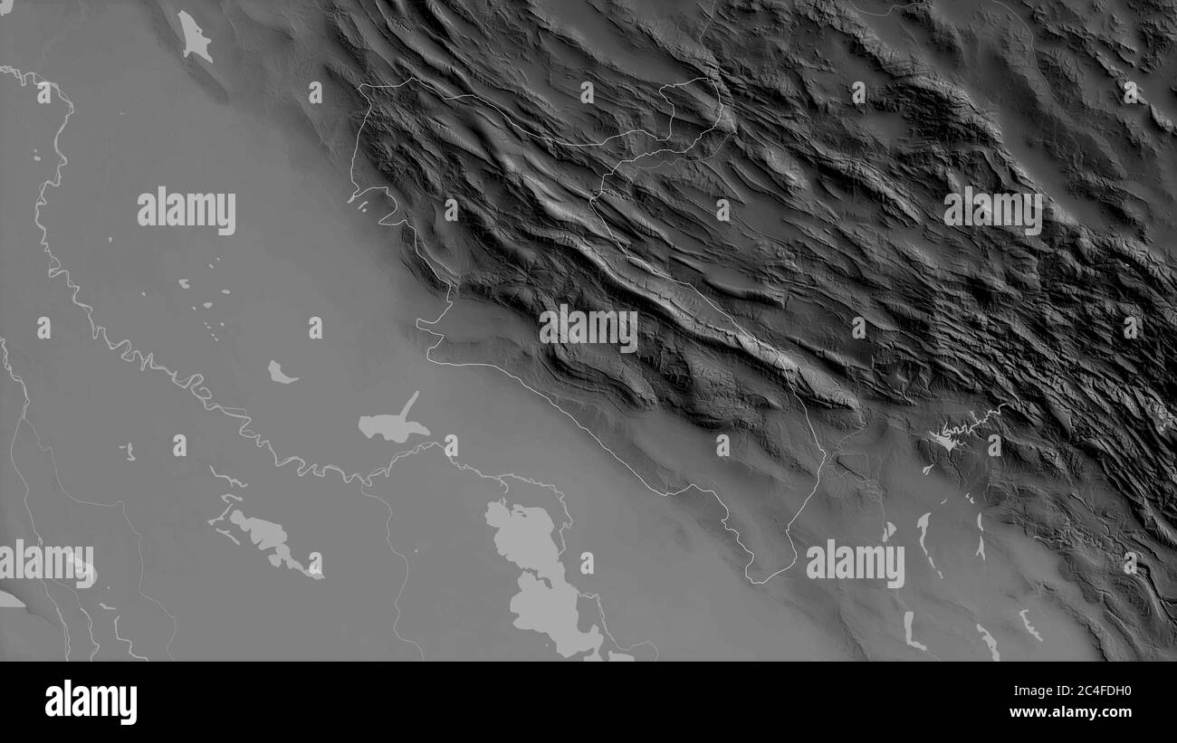 Ilam, province of Iran. Grayscaled map with lakes and rivers. Shape ...