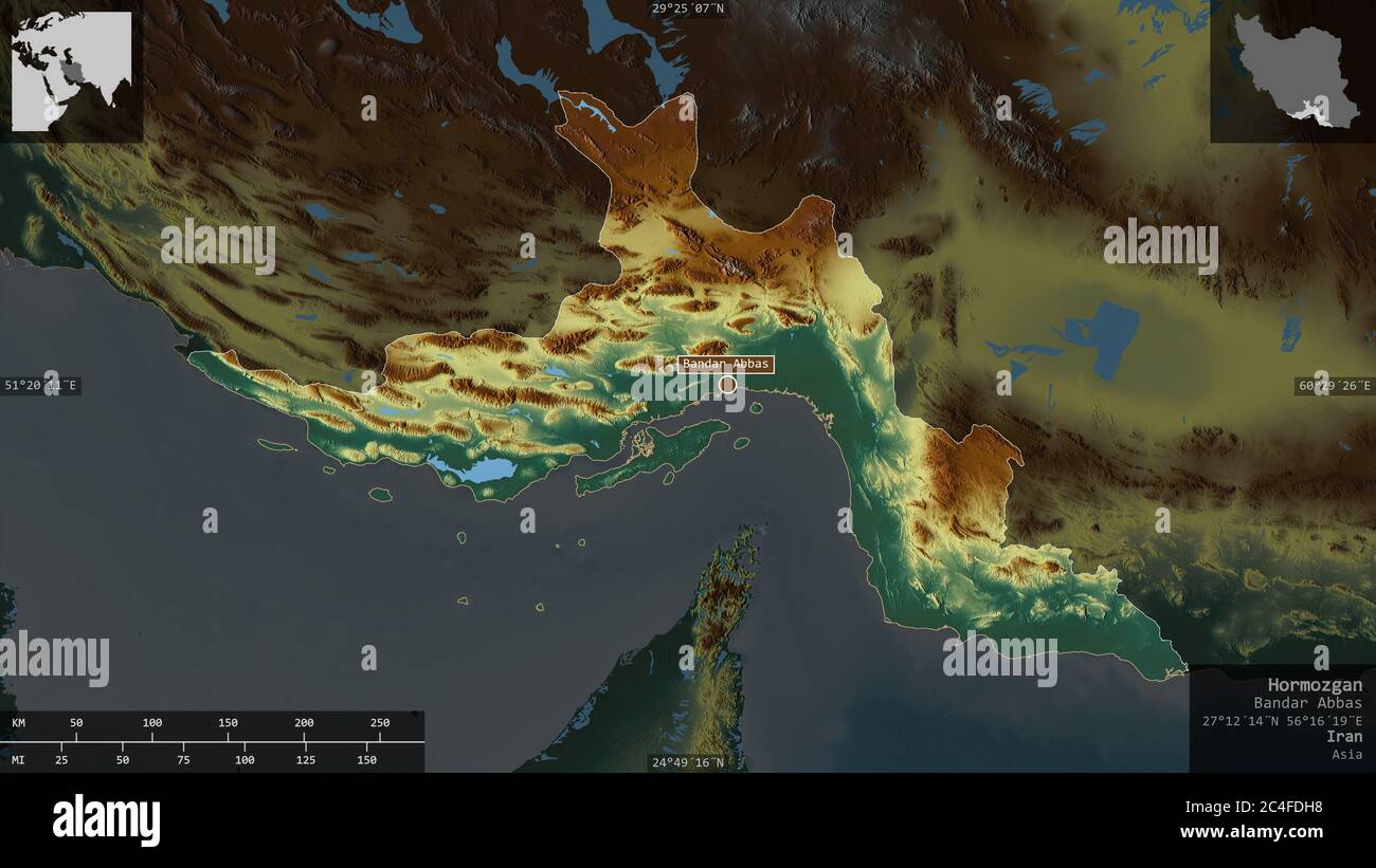Hormozgan, province of Iran. Colored relief with lakes and rivers ...