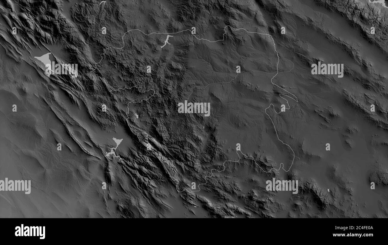 Kordestan, province of Iran. Grayscaled map with lakes and rivers ...
