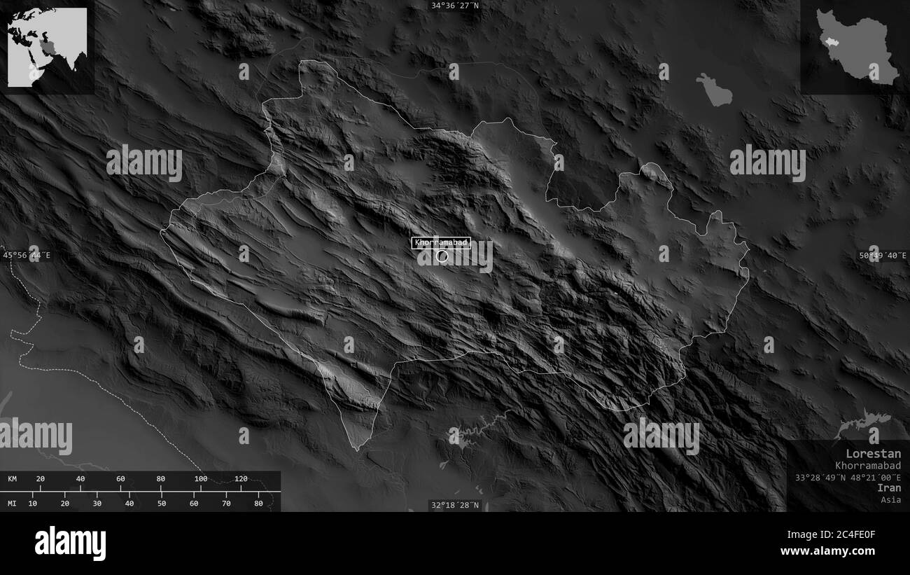 Lorestan, province of Iran. Grayscaled map with lakes and rivers. Shape ...