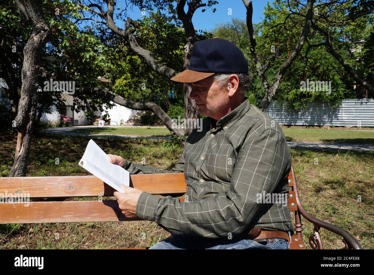 Elderly man reading in a park hi-res stock photography and images - Alamy