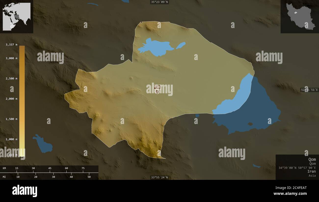 Qom, province of Iran. Colored shader data with lakes and rivers. Shape ...