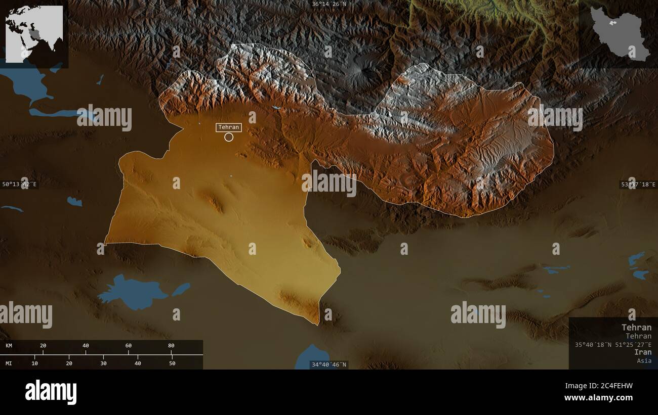 Tehran, province of Iran. Colored relief with lakes and rivers. Shape ...