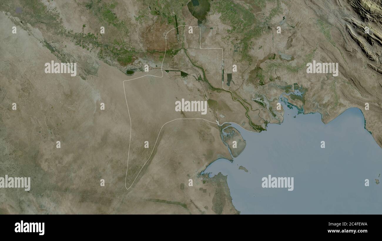 Al-Basrah, province of Iraq. Satellite imagery. Shape outlined against ...
